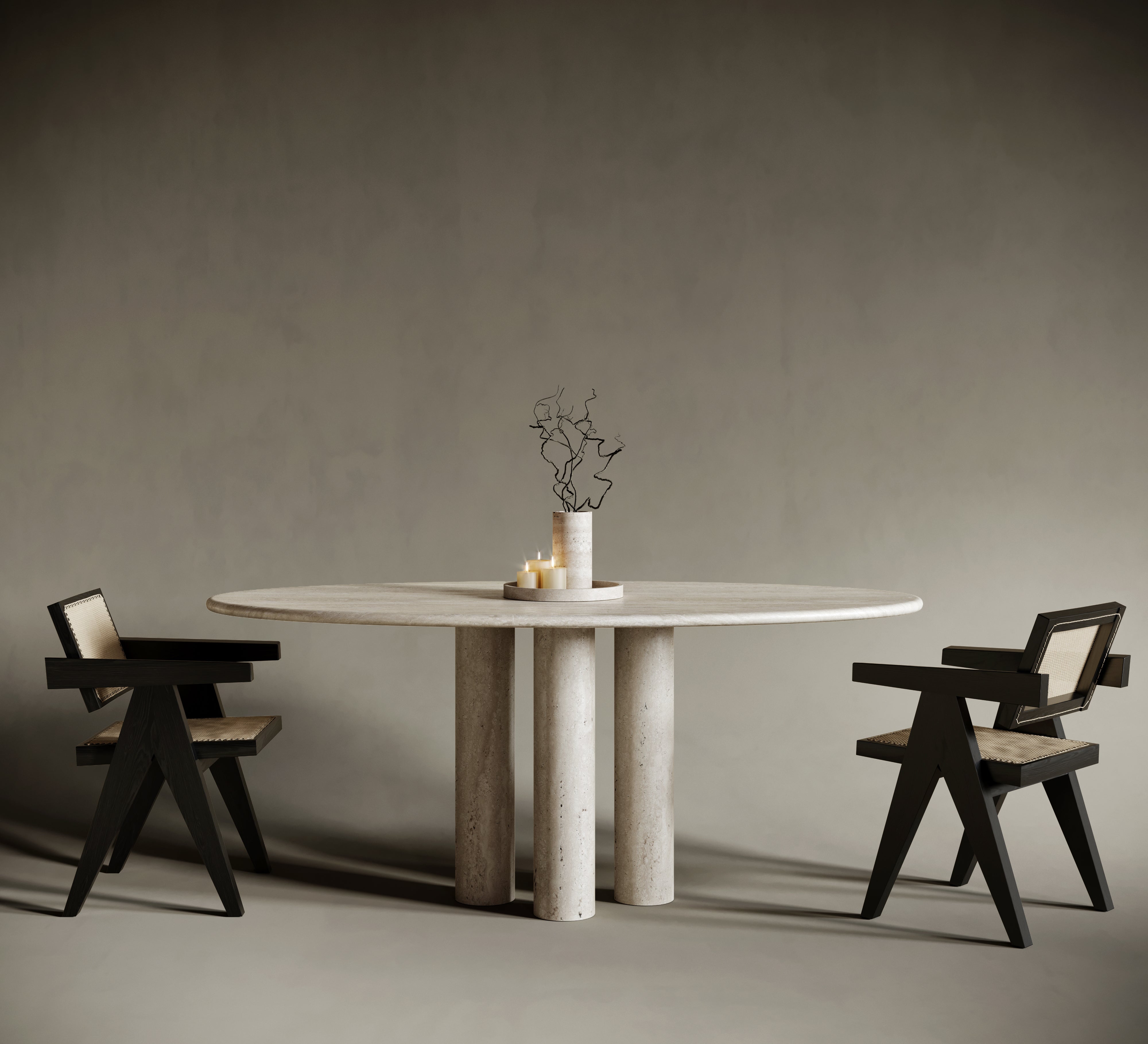 Ellipse Four Legs Travertine Dining Table Four Cylindrical Legs