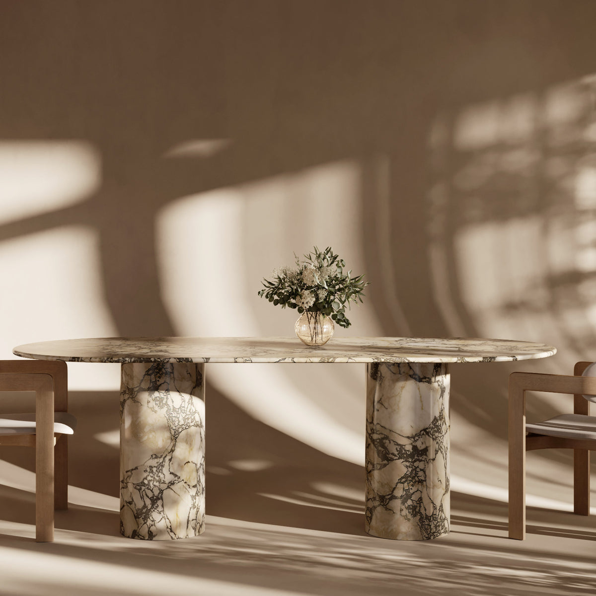 Oval Calacatta Viola Marble Dining Table - Cylindrical Leg – Bedú Atelier
