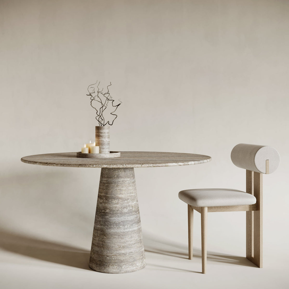 Silver Travertine Round Dining Table - Conical Leg | Bedú Atelier