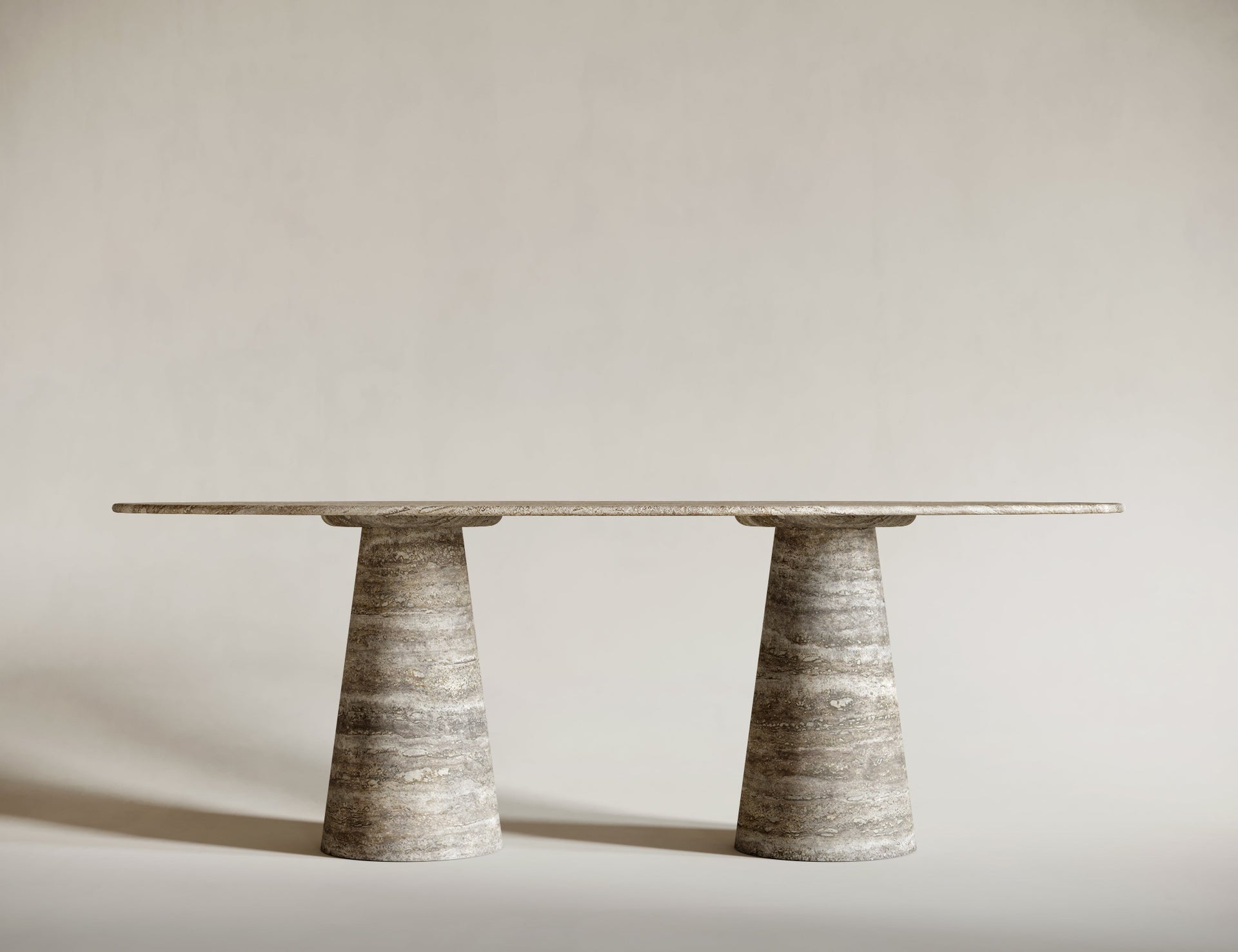 ELLIPSE SILVER TRAVERTINE DINING TABLE - CONICAL LEG – Bedú Atelier