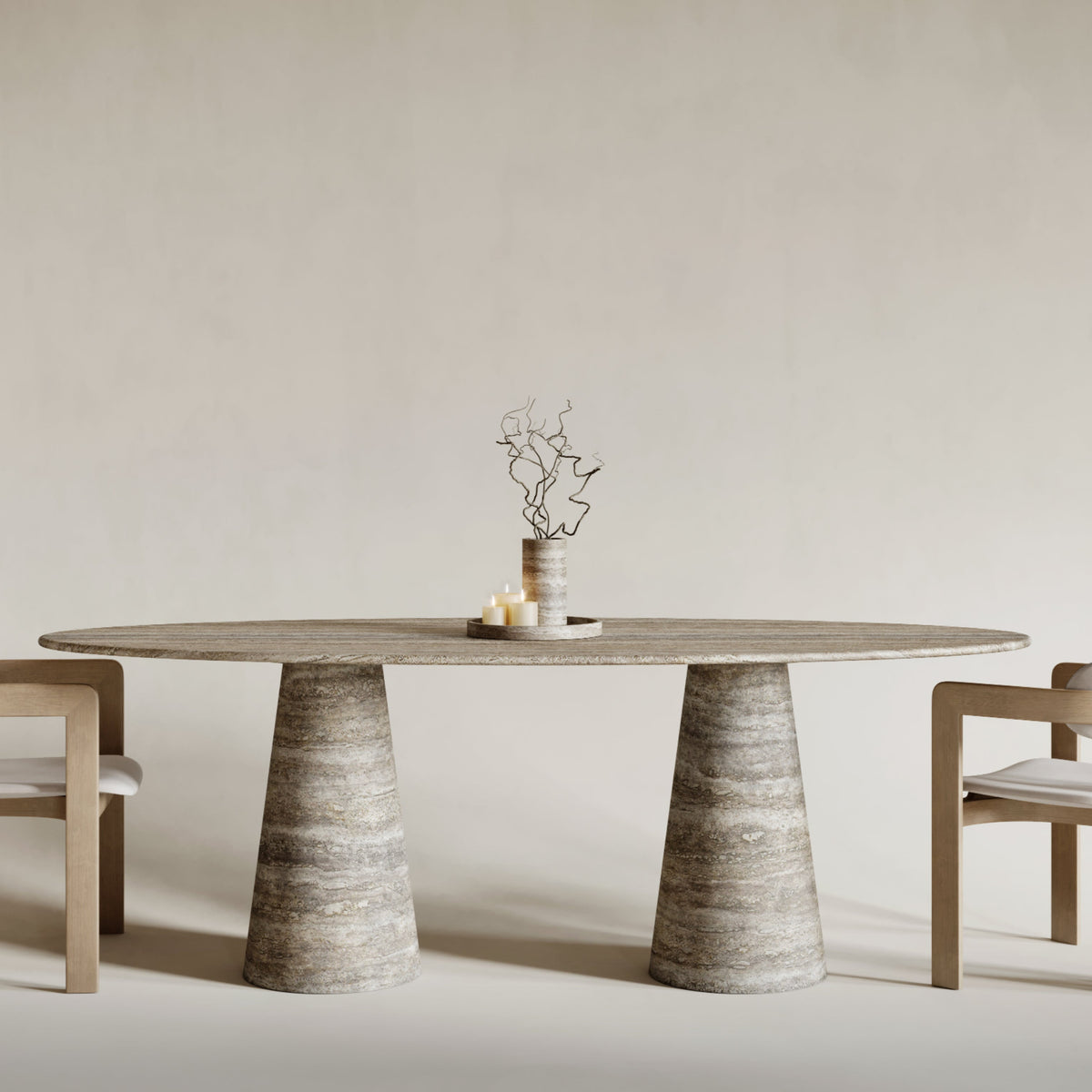 Ellipse Silver Travertine Dining Table - Conical Leg – Bedú Atelier