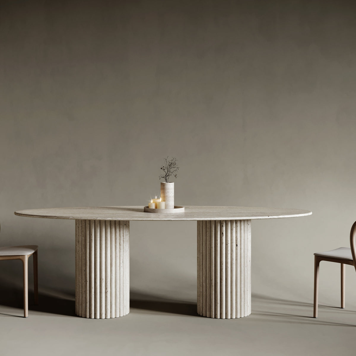 Ellipse Travertine Dining Table - Fluted Legs – Bedú Atelier