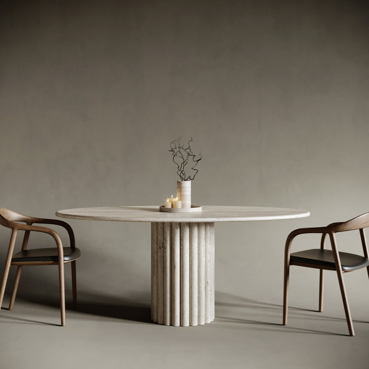 Ellipse One Leg Travertine Dining Table - Fluted Leg – Bedú Atelier