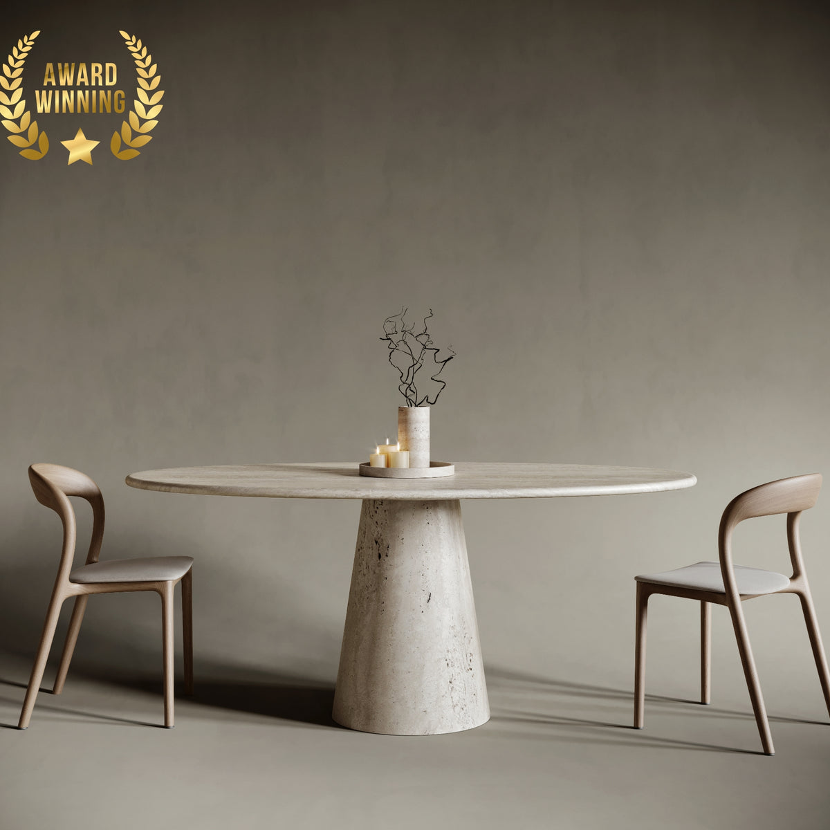 MONOS Ellipse One Leg Travertine Dining Table - Conical Leg – Bedú Atelier