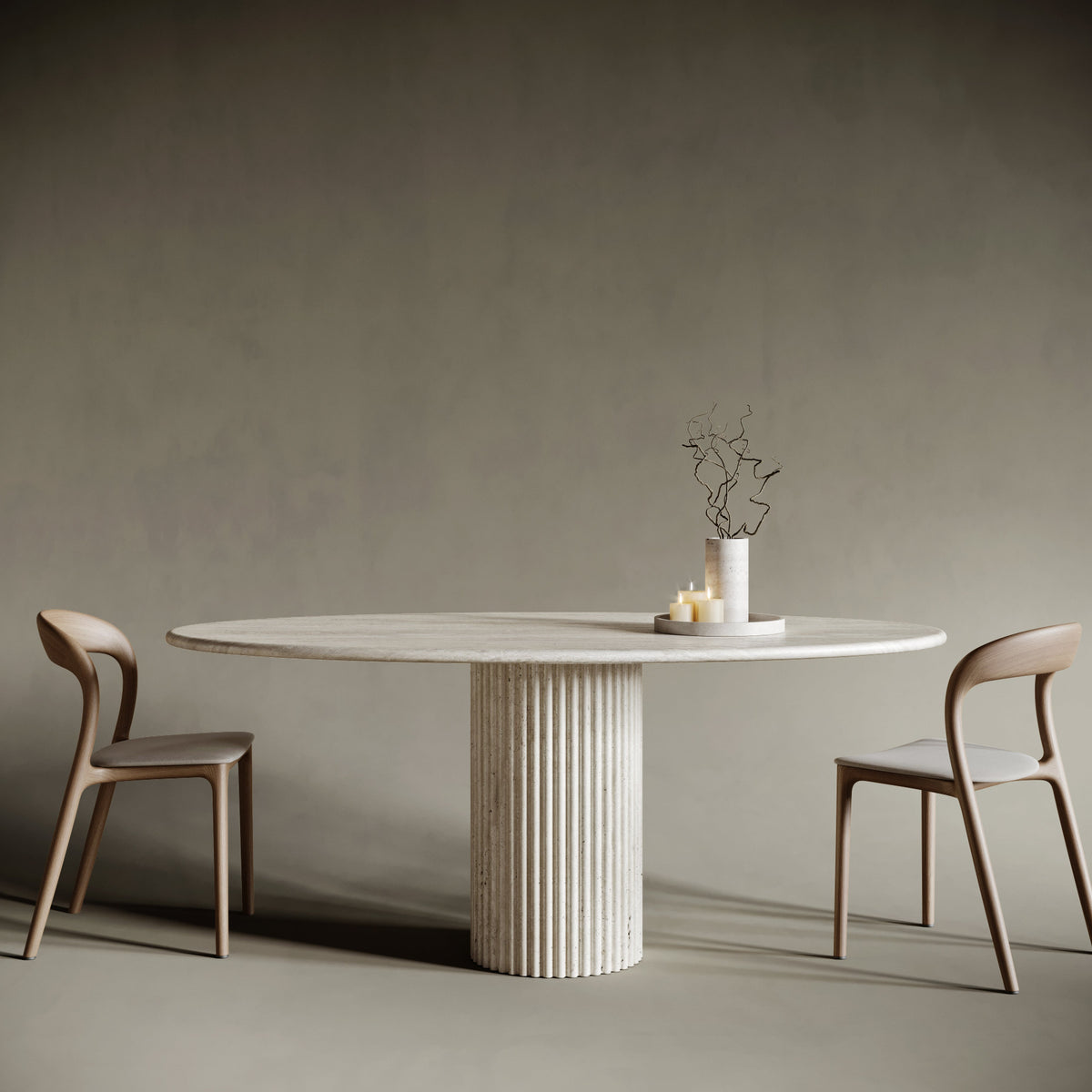 Ellipse Travertine Dining Table - Fluted Central Leg – Bedú Atelier