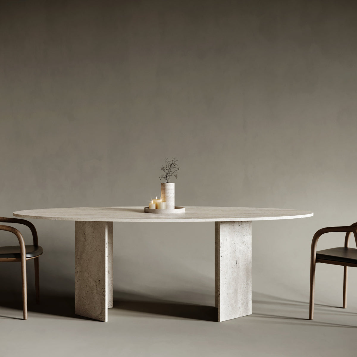 Ellipse Travertine Dining Table - V Legs – Bedú Atelier
