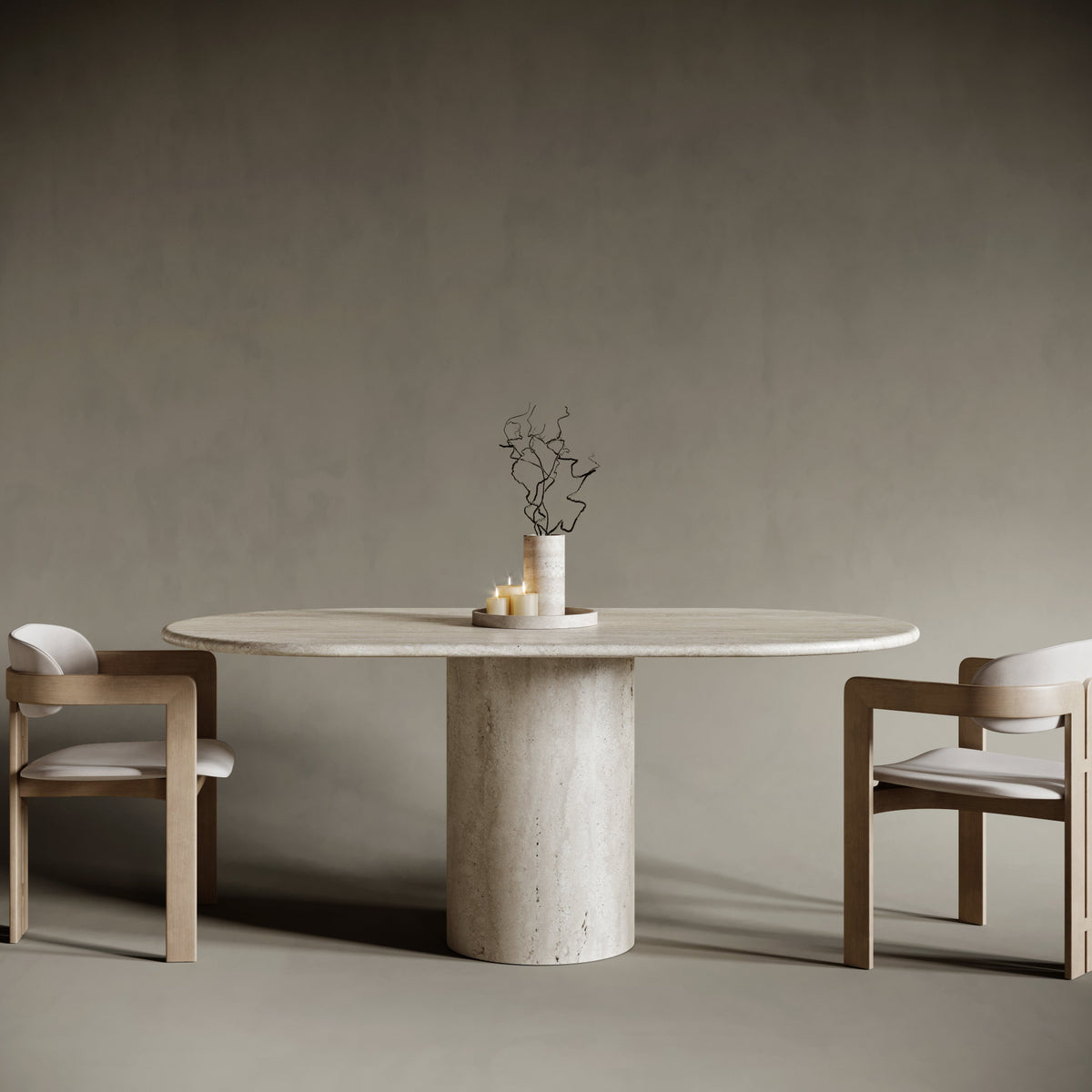 Oval One Leg Travertine Dining Table - Cylindrical Leg – Bedú Atelier