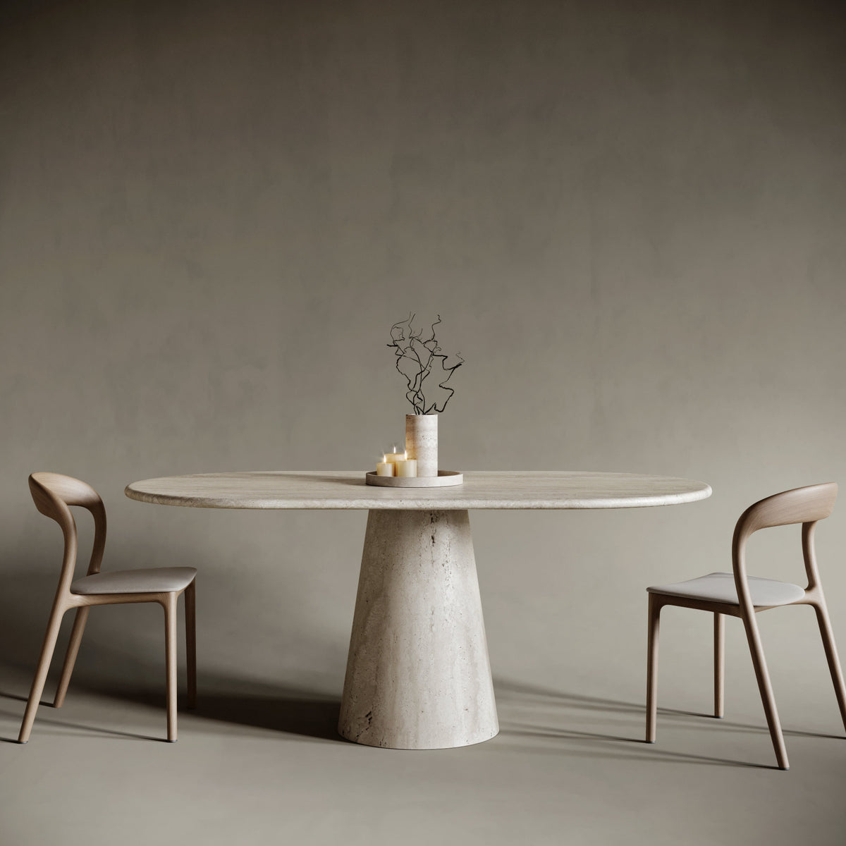 Oval One Leg Travertine Dining Table - Conical Leg – Bedú Atelier