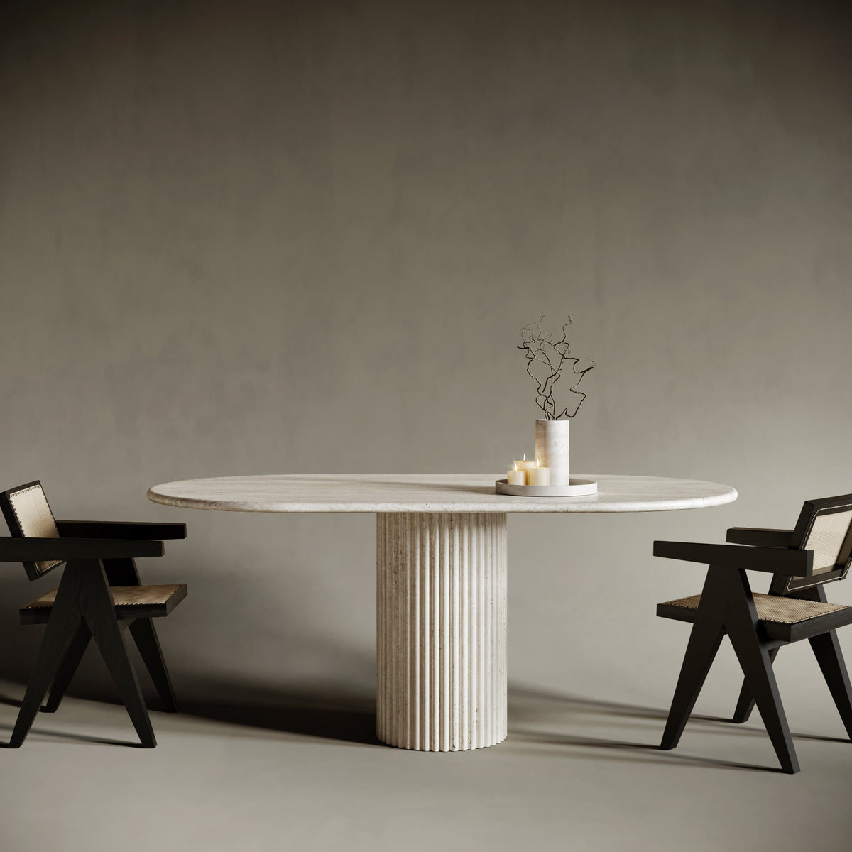 Oval Travertine Dining Table - Fluted Central Leg – Bedú Atelier