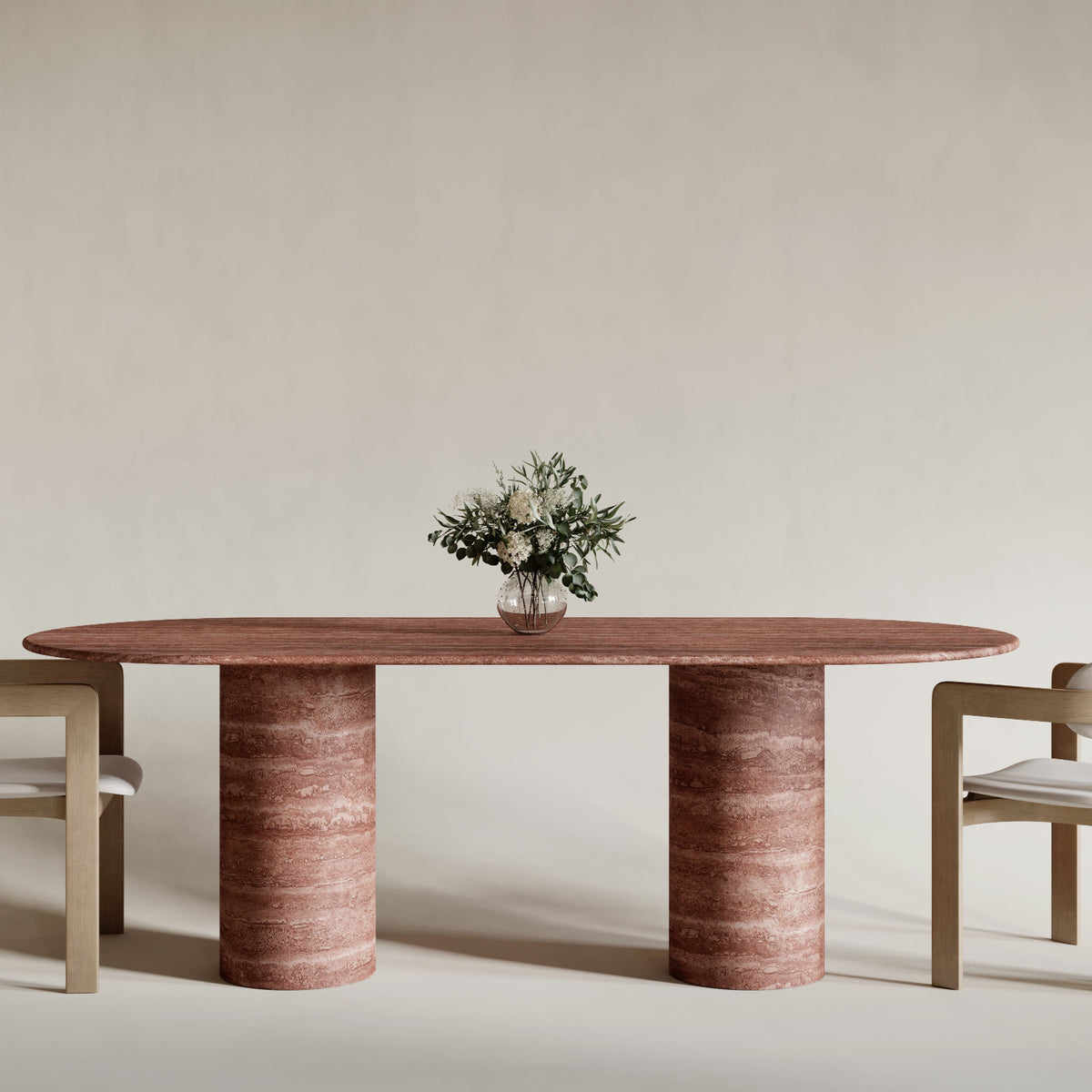 Oval Red Travertine Dining Table - Cylindrical Leg – Bedú Atelier