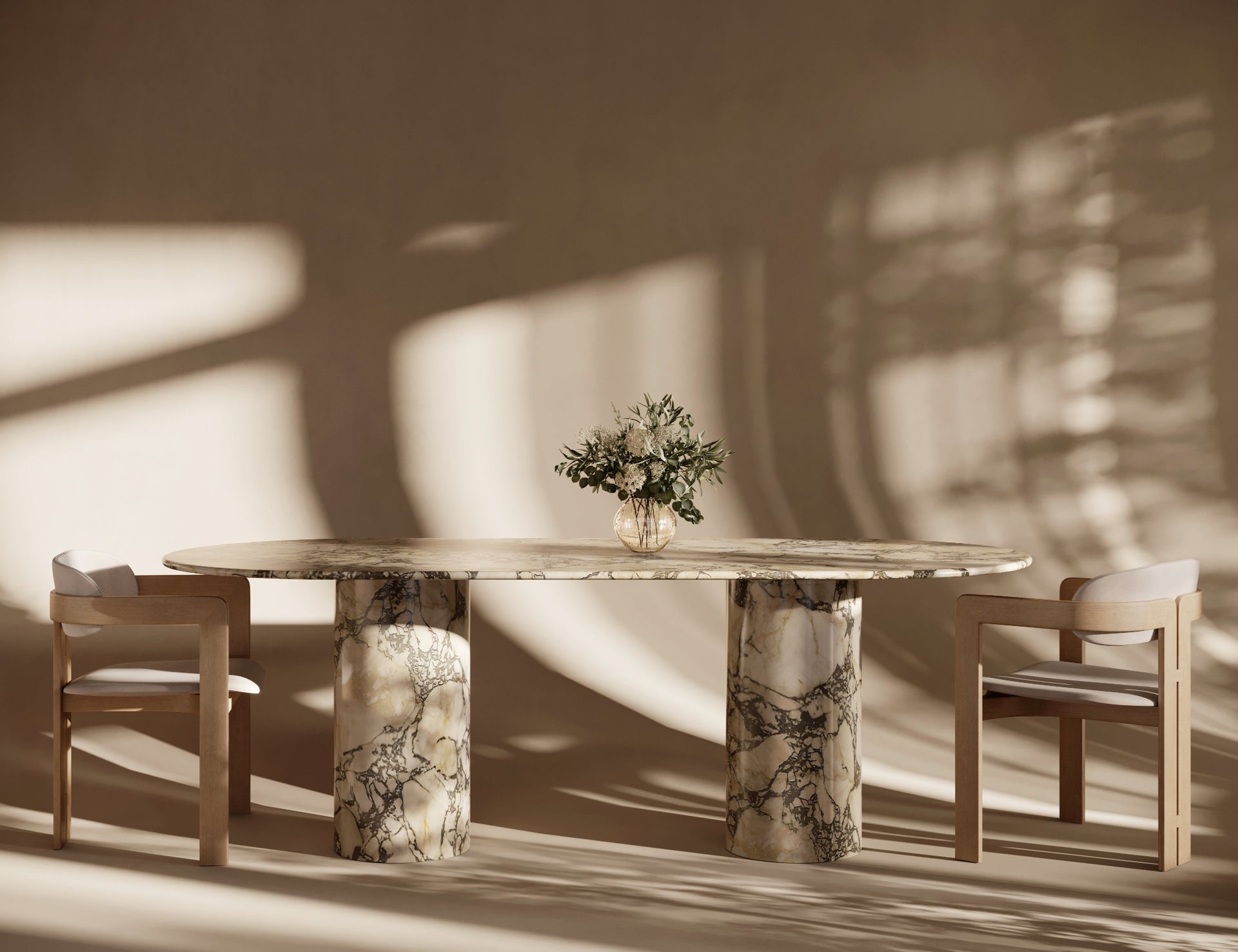 Oval Calacatta Viola Marble Dining Table - Cylindrical Leg – Bedú Atelier